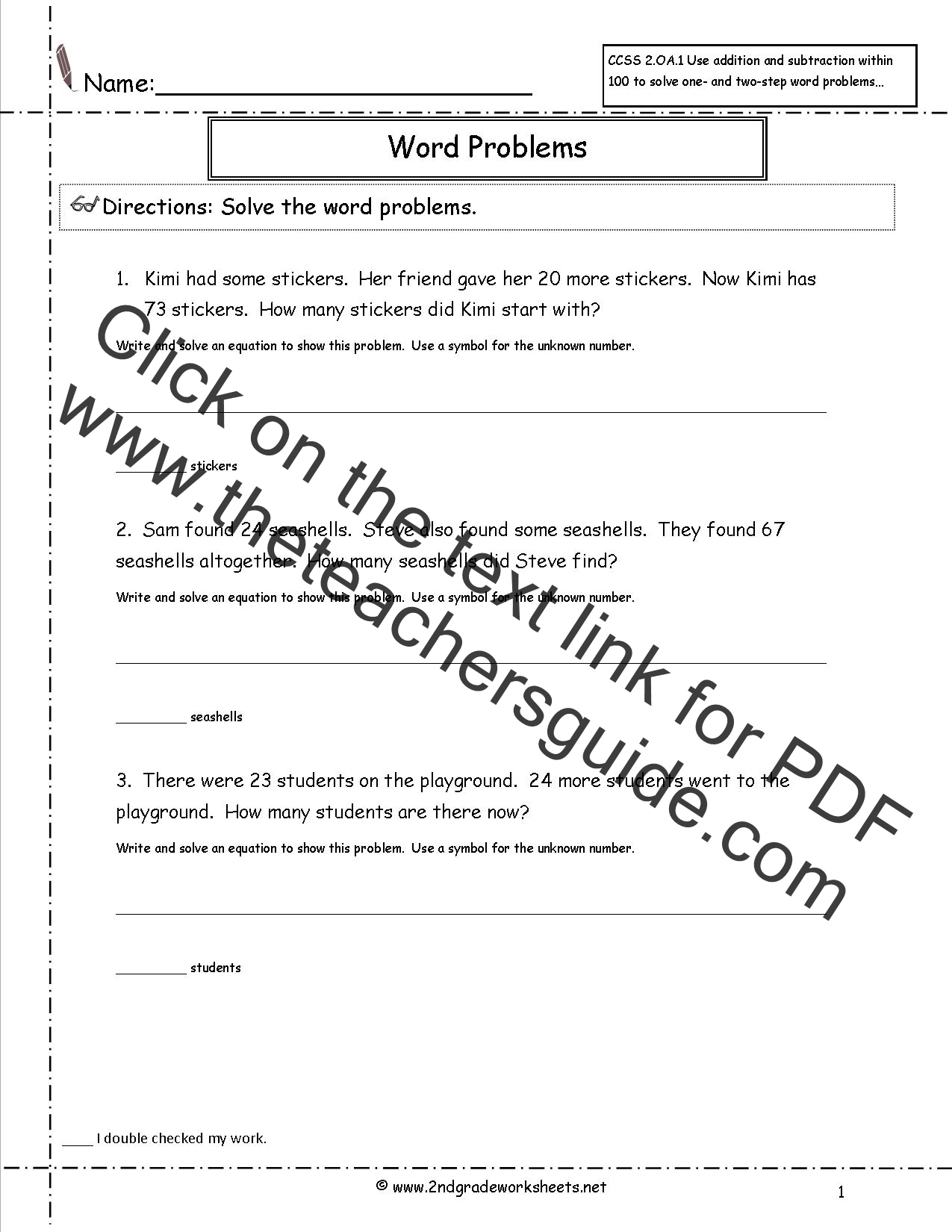 CCSS 2 OA 1 Worksheets Addition And Subtraction Word Problems Worksheets