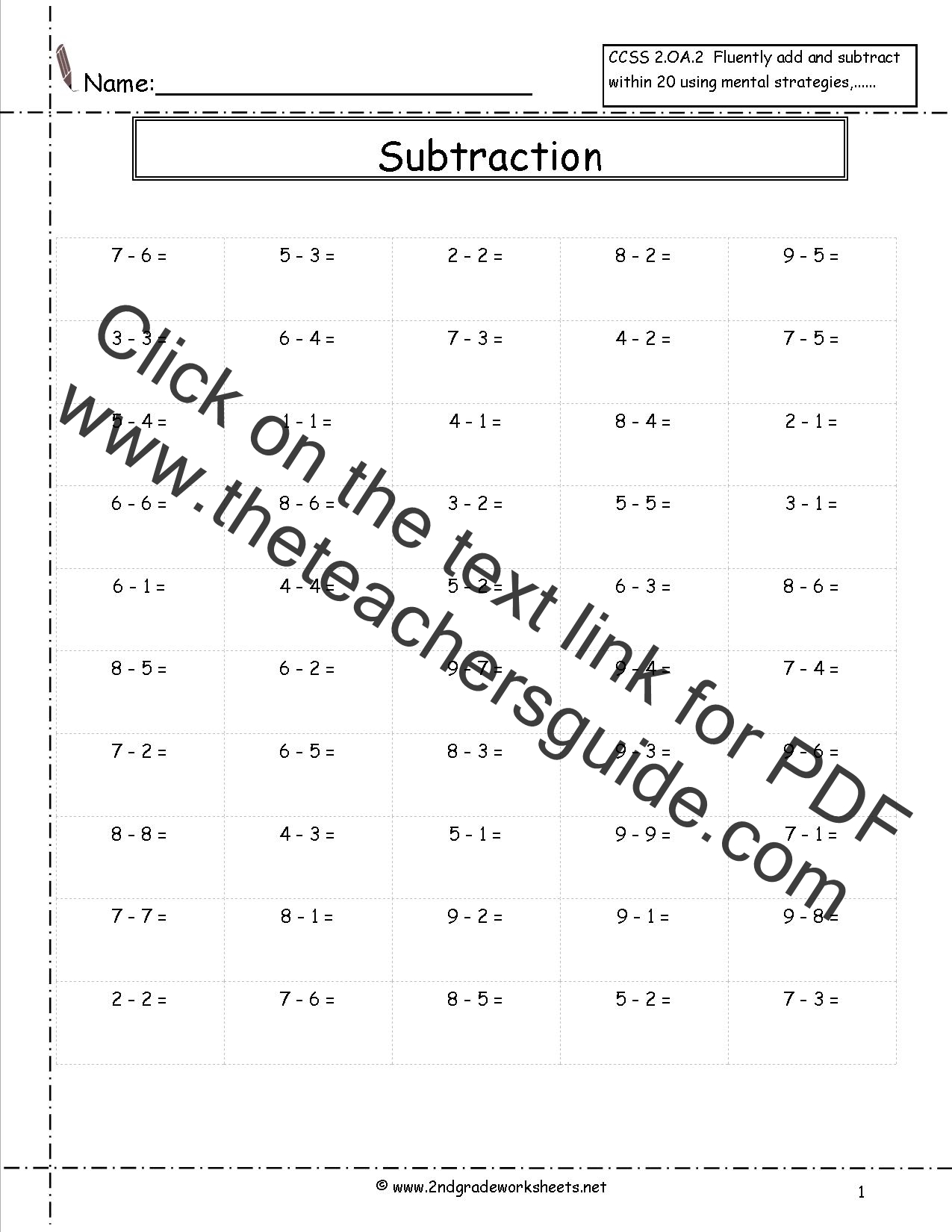 Single Digit Subtraction Fluency Worksheets